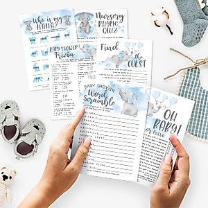 25 Elephant Word Scramble For Baby Shower, 25 True Or False Game, 25 Trivia Game, 25 Find The Guest, 25 Baby Animal Matching, 25 Nursery Rhyme Game - 6 Double Sided Cards Baby Shower Ideas