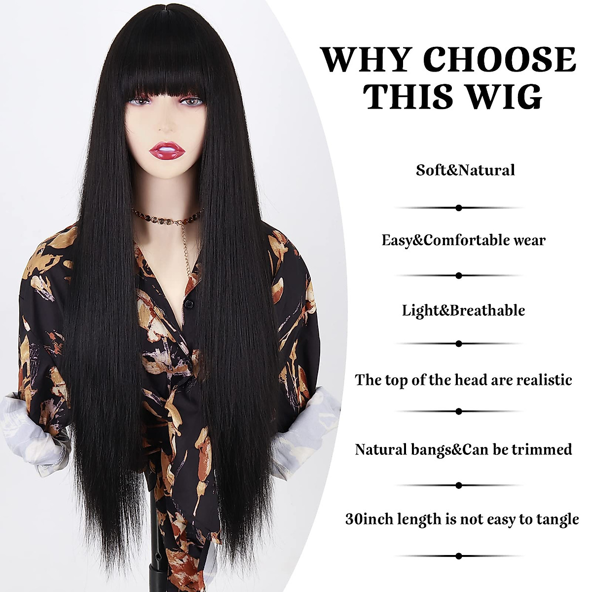 MISSQUEEN Long Black Wigs with Bangs, Straight Black Wigs for Women, Synthetic 30 Inch Long Straight Black Bangs Wig for Daily Wear