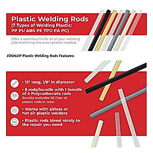 JOUNJIP Plastic Welding Rods- 7 Types of Welding Plastic (PP PU ABS PE TPO PA PC) Most Common Plastics- For Use With Jounjip Plastic Welding Kit- 52 Pack of 13" x 1/8" Dia