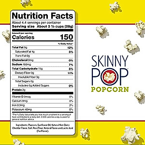 SkinnyPop White Cheddar Popcorn, Skinny Pop, Healthy Popcorn Snacks, Halloween Snacks for Kids, Gluten Free, 4.4oz Grocery Sized Bag