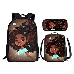 ZOUTAIRONG African Girl Backpack for Girls American Lunch Bag Set Afro Black Girl School Bags Lunch Box Pencil Case Elementary School Book Bags for 2Nd/ 3Rd/4Th/5Th Grade