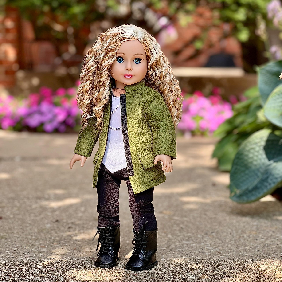 - Autumn Stroll - 4 Piece Outfit for 18 Inch Doll - Green Coat, White Blouse, Black Velvet Leggings, Black Boots (Dolls Not Included)