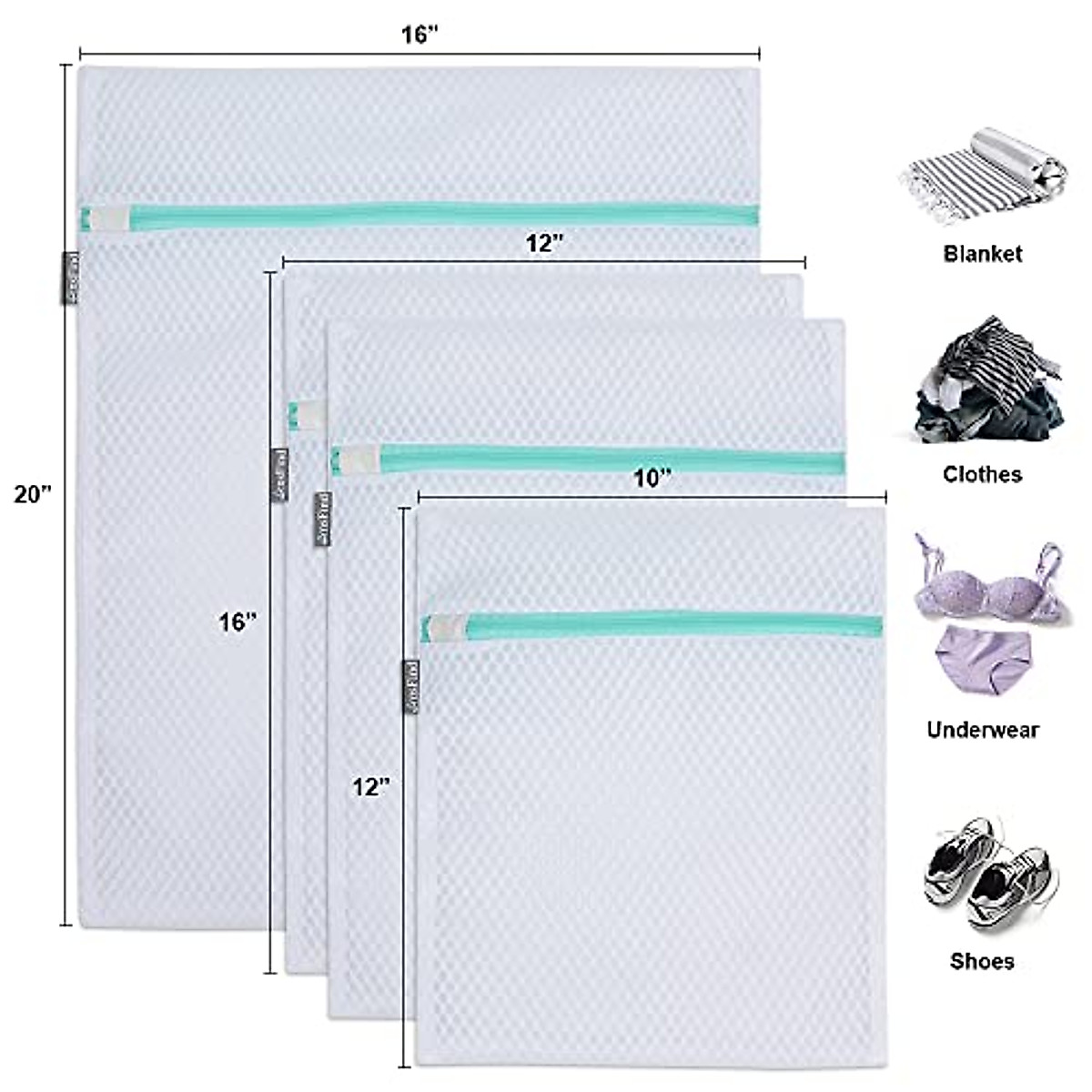 AnsFind Mesh Laundry Bags for Delicates 4Pack Small Durable Honeycomb Mesh Wash Bags Garment Bags for Laundry Washer and Dryer (1 M 16×20 Inch，2 S 12×16 Inch, 1 XS 10×12Inch)