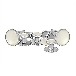 ButtonMode Tuxedo Shirt Studs and Cufflinks, White with Silver Color Trim, 6 Piece Complete Set (4 Studs for Front, 2 Cufflinks for Sleeves) with 2 Backup Cufflinks, Stainless Steel and Enamel, 1-Set