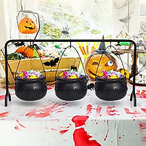 Rocinha Halloween Candy Bowls Decoration, 3 Pcs Witches Cauldron Serving Bowls with Iron Rack, Black Plastic Hocus Pocus Candy Bucket for Halloween Party Indoor Outdoor Home Kitchen Decorations