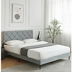 AsKmore Queen Size Bed Frame,Velvet Upholstered Platform with Headboard and Strong Wooden Slats,Non-Slip and Noise-Free,No Box Spring Needed, Easy Assembly,Light Grey