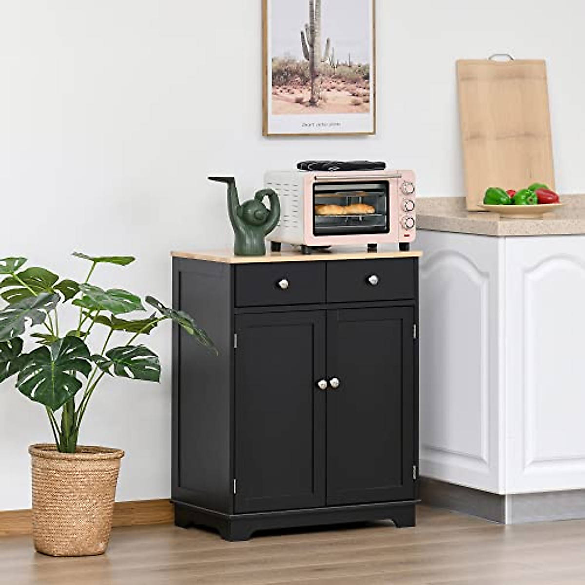 HOMCOM Double Door Sideboard Buffet Cabinet, Kitchen Cabinet, Coffee Bar Cabinet with 2 Drawers, Adjustable Shelf for Living Room and Hallway, Black