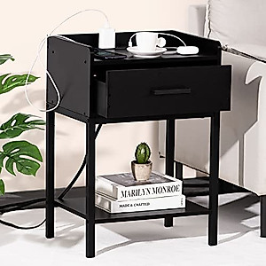 YAHARBO Nightstand with Charging Station and USB Ports, 3-Tier End Side Table with Storage Drawer and Shelf, Bedside Night Stand for Bedroom- Black