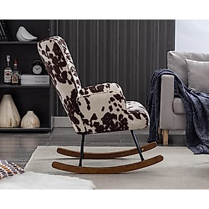 EALSON Nursery Rocking Chair Fabric Upholstered Rocker Chair Tufted Wingback Accent Chair with Wooden Base Modern Comfy Lounge Armchair for Bedroom Living Room, Cow