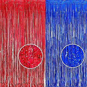 Foil Fringe Curtain Party Decorations - Red Blue Metallic Tinsel Photo Booth Backdrop Party Steamers Curtains for Birthdays Christmas New Years Valentines Bachelorette Parties