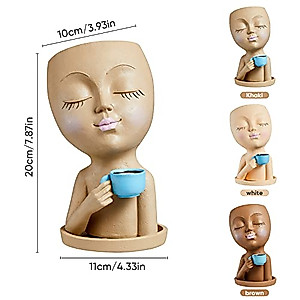 Face Planters Pots Head Planters for Outdoor Plants, Funny Cute Resin Coffee Girl Face Succulent Pots Planter Cactus Planter with Drainage Hole Closed Eyes for Indoor&Outdoor Planter (Style#477A1)