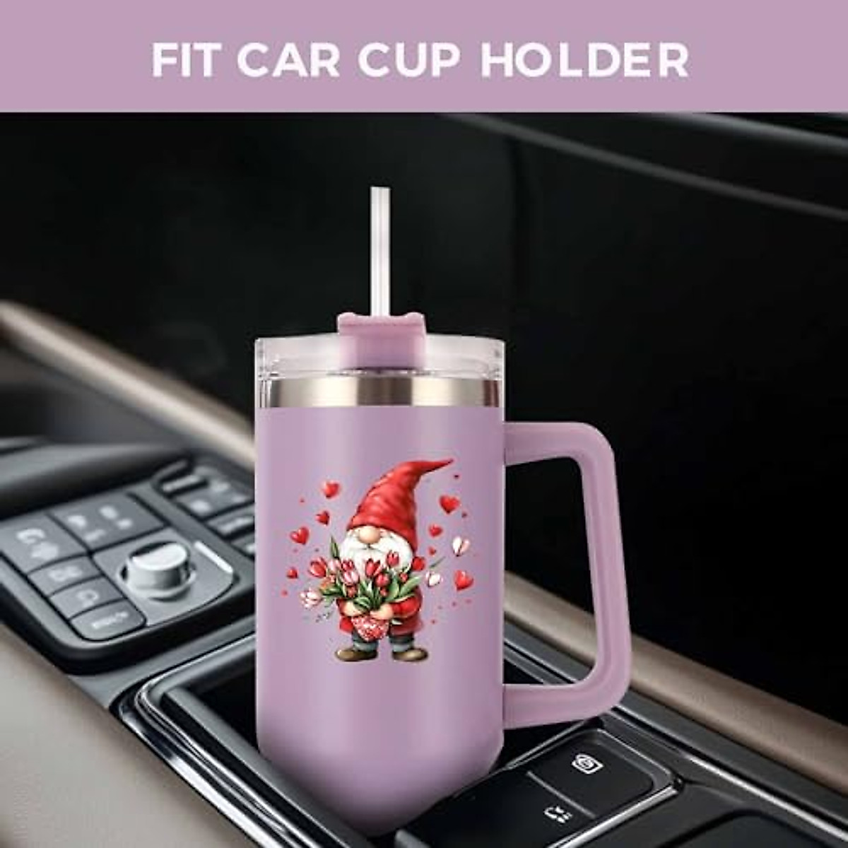 LB LEOBON 40 ounce insulated cup with handle, double-layer vacuum stainless steel material, equipped with straw, can keep warm or maintain cold drinks Gnome Love Bouquet P Fragrant taro purple