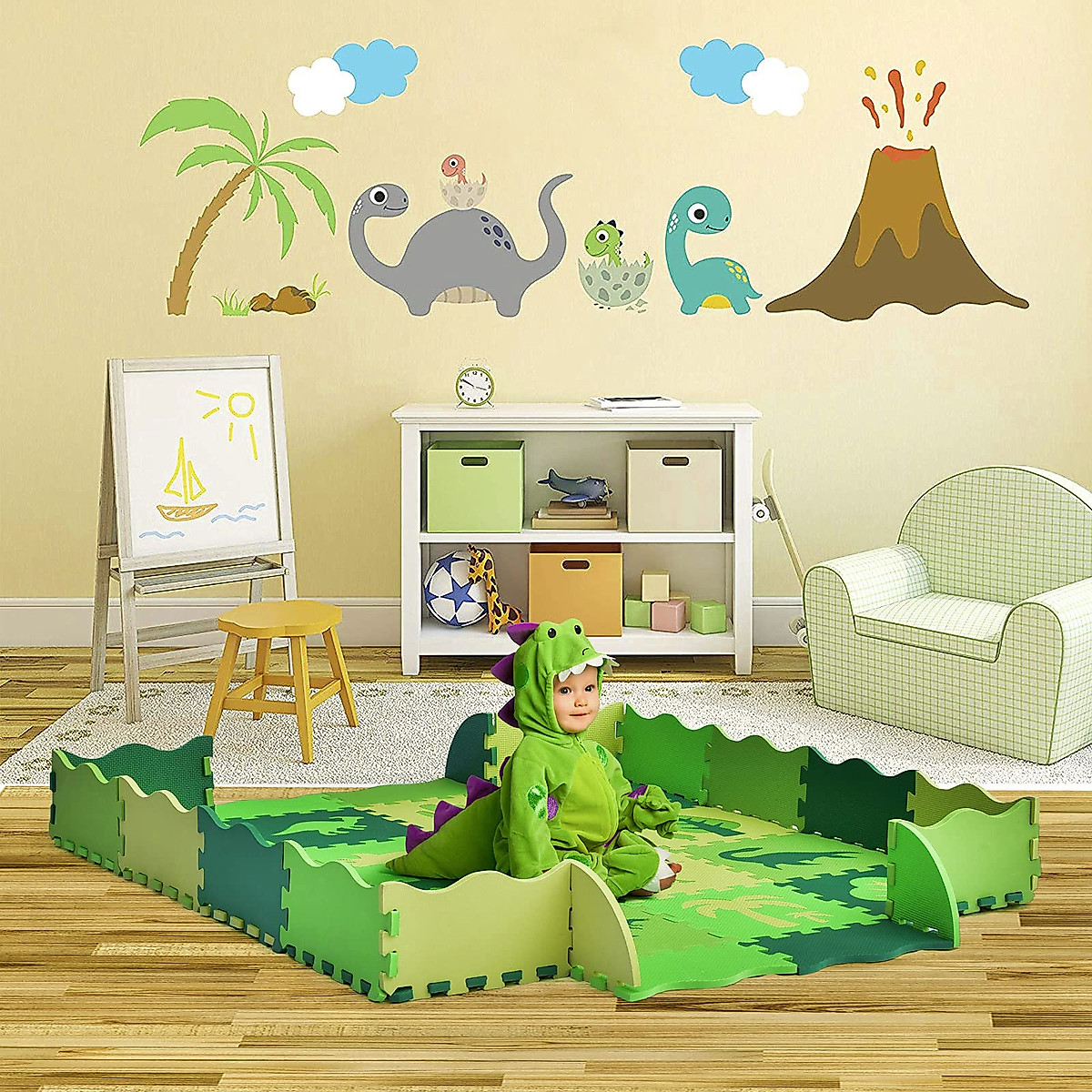 Dino Baby Foam Play Mat, 36 PCS Soft Thick Non-Toxic EVA Interlocking Foam Floor Tiles with Fence, Cute Dinosaur Crawling Puzzle Mat for Toddlers Activity Room Décor