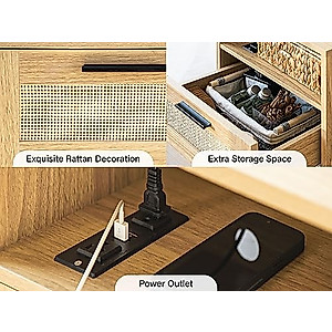 Labcosi Mid Century Modern End Table, Natural Rattan Nightstand with Charging Station, Wooden Bedside Tables for Living Room and Bedroom, Natural Wood Side Table with Storage Drawer