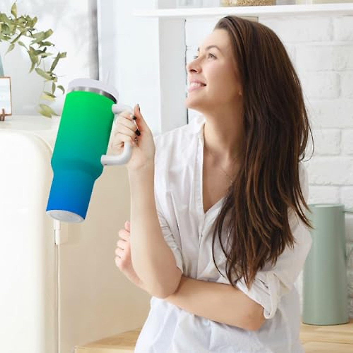 MCHIVER Green Blue Gradient 30 oz Tumbler with Handle and Straw Stainless Steel Vacuum Water Bottle Leak-proof Travel Coffee Mug Insulated Cup for Office Home Car