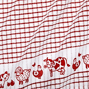 Cackleberry Home Barnyard Animals Windowpane Check Cotton Terrycloth Kitchen Towels, Set of 4 (Red)