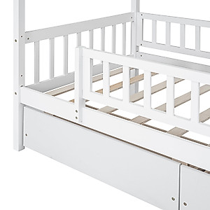 BestLM Twin Size Wooden House Bed with Two Storage Drawers for Kids, Wood Platform Bed Frame with Fence, Roof, and Safety Guardrail for Kids, Teens, Girls, Boys, White