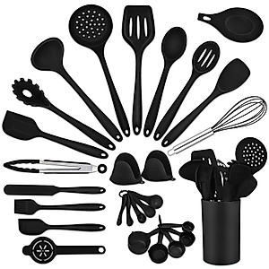 Black Kitchen Utensils Silicone Cooking Utensil Set, P&P CHEF 28Pcs Baking Utensils Spatulas with Holder, Heat-resistant & Non Toxic, Non-stick & Dishwasher Safe
