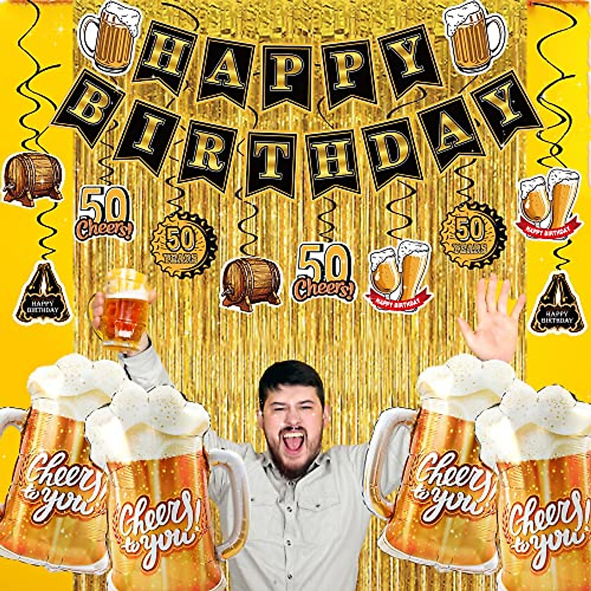 50th birthday decorations for men women - (60pcs) black gold party Banner, 40 Inch Gold Balloons,50th Sign Latex Balloon,Fringe Curtains and cheers to you Foil Balloons,Hanging Swirl,photo props
