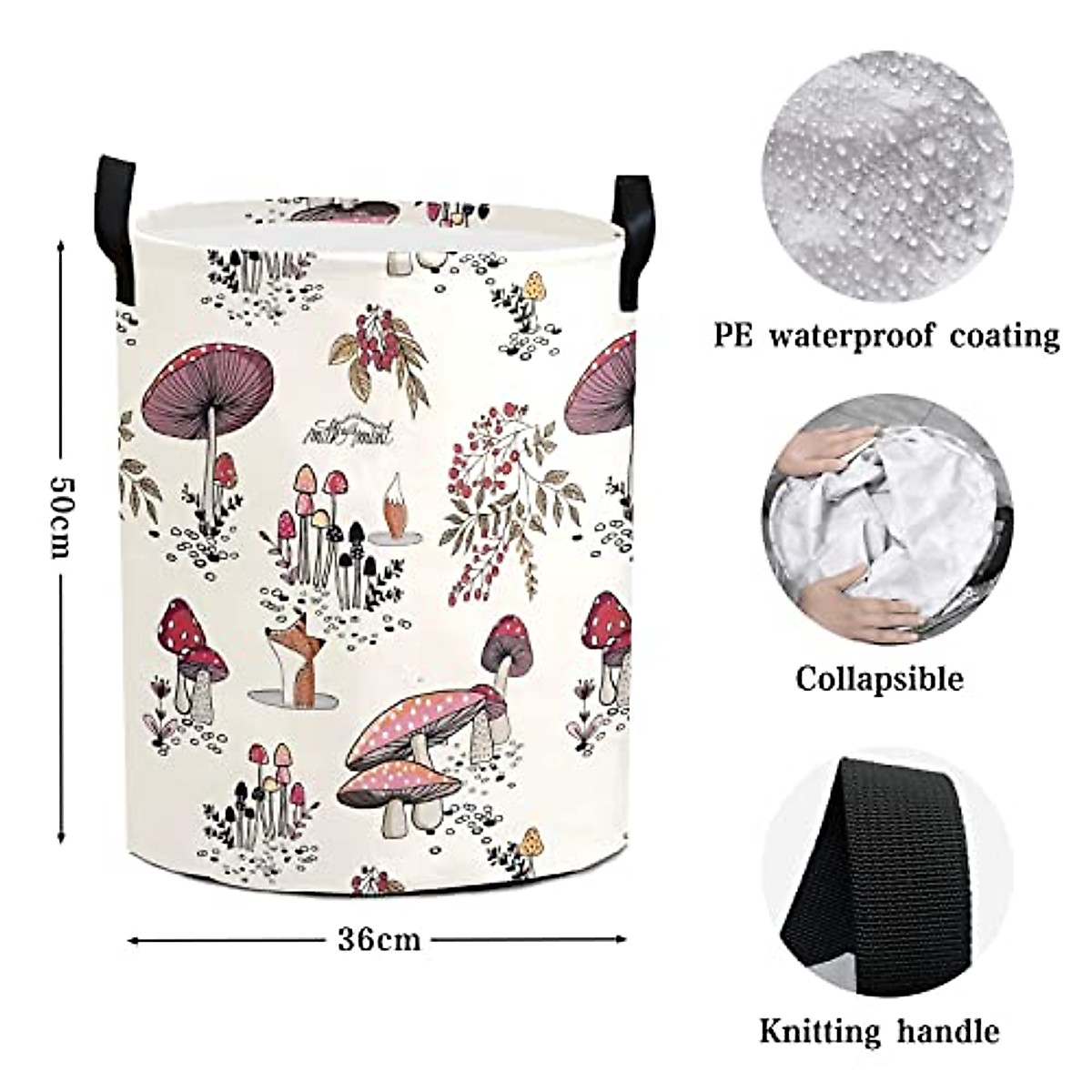 ArtToLife Mushroom Laundry Basket Waterproof Oxford cloth with Knitting Handle Collapsible Large Round Storage Dirty Laundry Hamper, Multicolored1