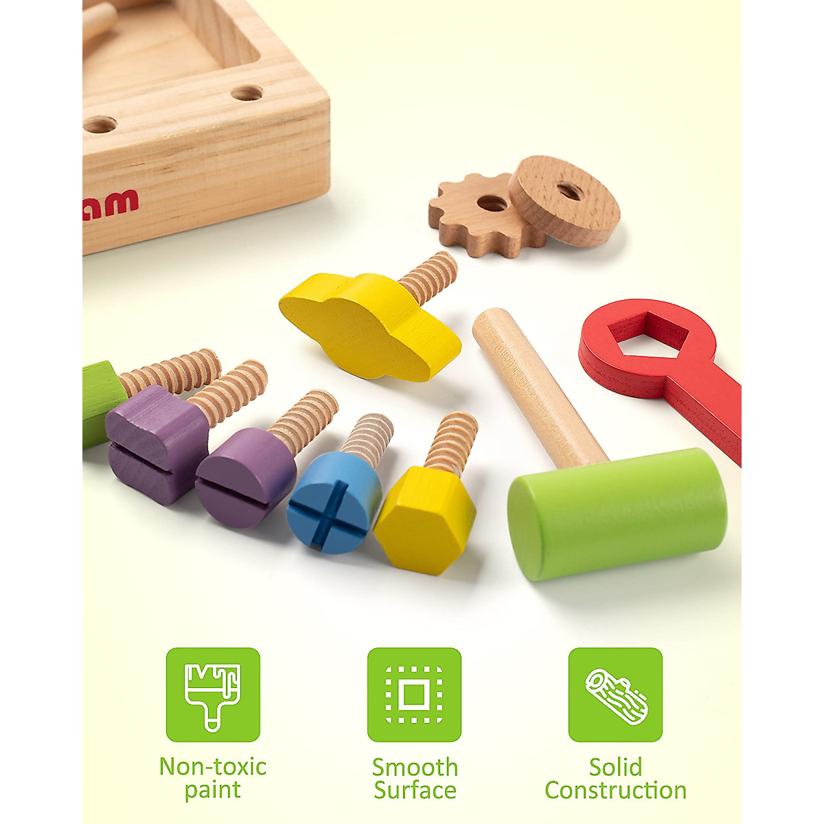 Coogam Wooden Tool Box, Toddler Fine Motor Skill Construction Building STEM Toy Set Nuts and Bolts Screw Driver Toolbox Kit Montessori Educational Gift for Preschool Year Old Kids