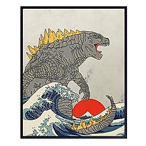 Great Wave Off Kanagawa - Godzilla Poster, Monster Movie Wall Decor, Art Print - Gift for Vintage Hollywood Horror Movie Fans - Boys Room, Teen Room Decor - 8x10 UNFRAMED Picture Print