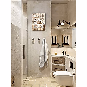 Funny Highland Cow Bathroom Wall Art Rustic Cow Bathroom Pictures Wall Decor Farmhouse Cow Canvas Prints Painting Country Home Decor Framed Artwork for Bathroom Ready to Hang 12"x16"