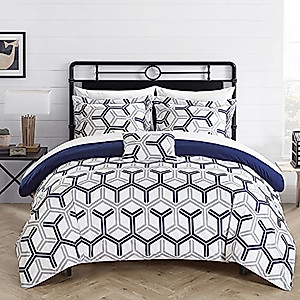 Chic Home Marcia 4 Piece Comforter Set Printed Pinch Pleated Ruffled and Reversible Geometric Design with Decorative Pillow and Sham, Full/Queen, Navy