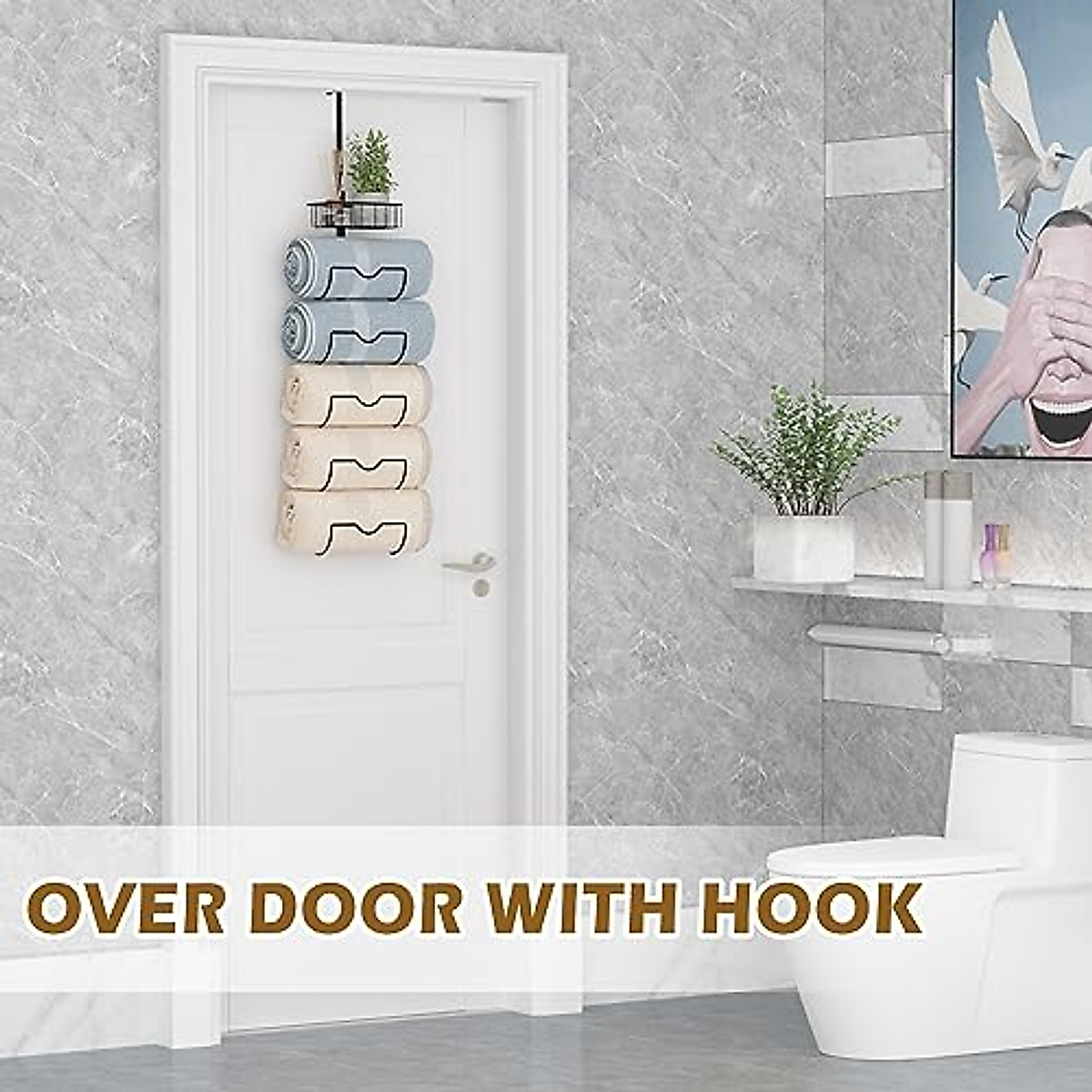 X-cosrack Over Door Towel Rack for Bathroom - Wall Mount Towel Holder with 6 Compartments - Rolled Towel Organizer Door Hanging - Matte Black