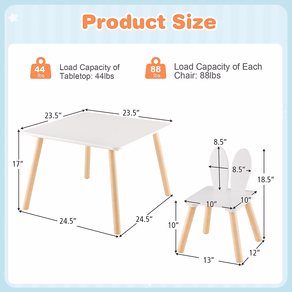HONEY JOY Kids Table and Chair Set, Children Wooden Activity Table & 2 Chairs Set, Solid Wood Legs, Easy Assembly, 3 Piece Rabbit Themed Toddler Furniture Set for Art Craft (White)