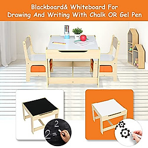 Karl home Kids Table and Chair Set, Multifunctional Children Writing Desk with Interior Storage, Chair with Non-Woven Drawer for Study Room Play Room Dining Room Living Room Natural Wood
