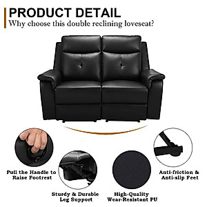 VUYUYU 2 Seater Recliner Sofa - Double Reclining Loveseat with Massage & Heating - PU Leather Home Theater Seating Manual Recliner Motion Living Room Chair (Black)