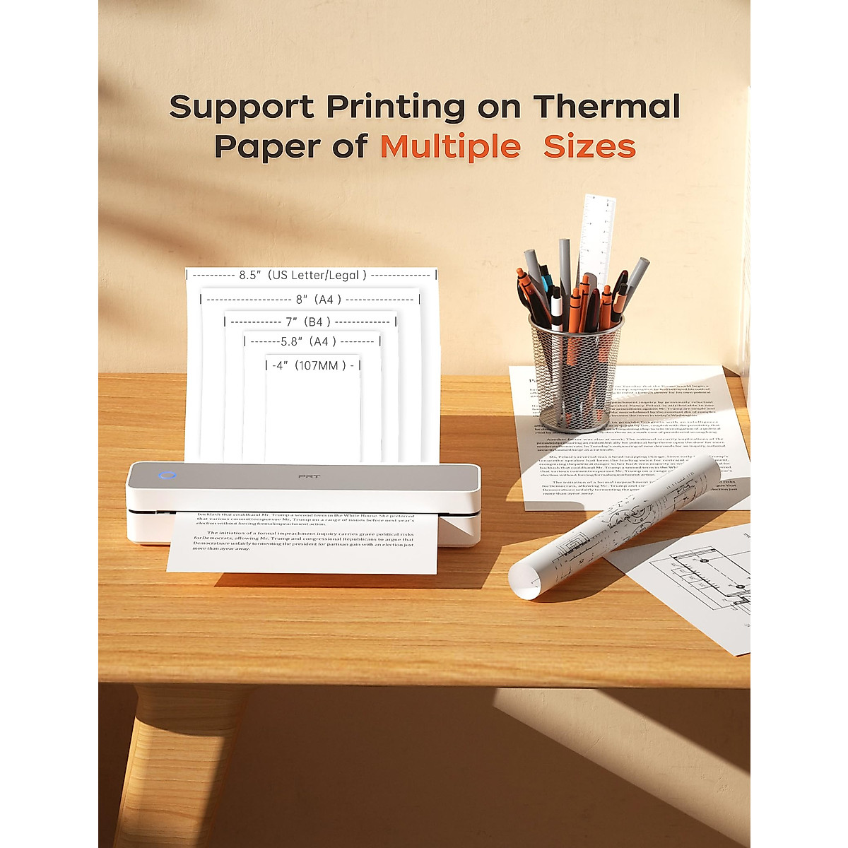 PRT Portable Printer Wireless for Travel, Bluetooth Thermal Printer Support 8.5" X 11" US Letter A4 A5, Compatible with iPhone, Android & Laptop, Inkless Printer for Office, Home, School, White