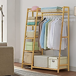 MoNiBloom Bamboo Garment Rack with 5-Tier Storage Shelves Trapezoid Multi-Functional Garment Rack, Clothes Hanging Rack Stand for Bedroom Living Room, Natural
