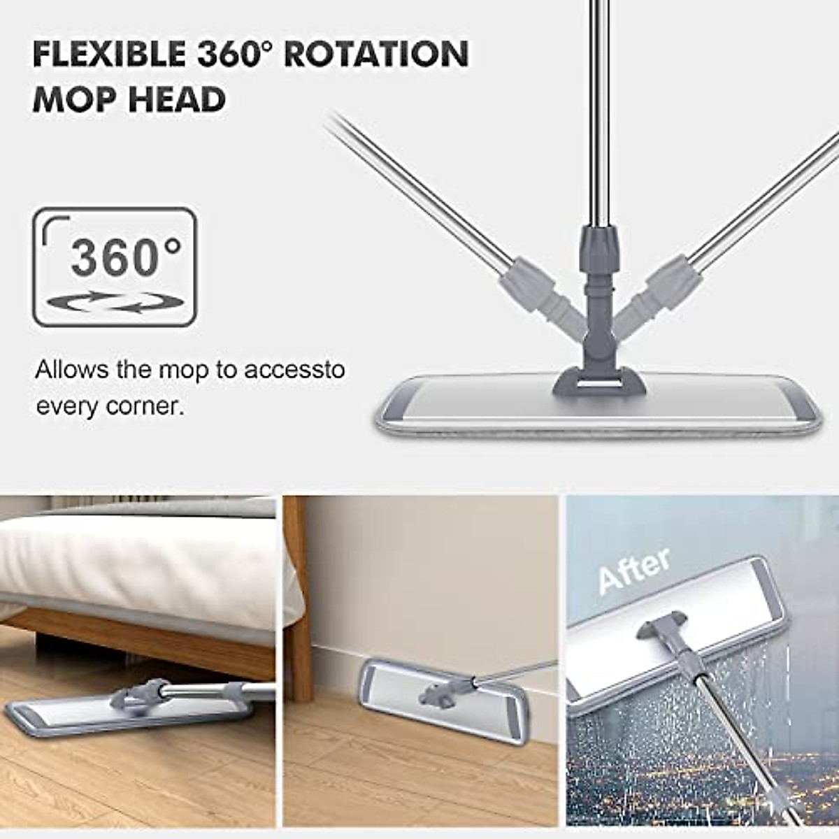 Sunally 18 Inch Professional Microfiber Floor Mop, Wet and Dust Mop with 4 Reusable Mop Pads, Gray