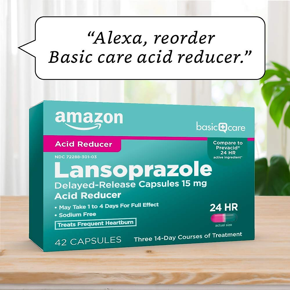 Amazon Basic Care Lansoprazole Delayed Release Capsules, 15 mg, Proton Pump Inhibitor, Treats Frequent Heartburn, 24 Hour Heartburn Medicine, 42 Count