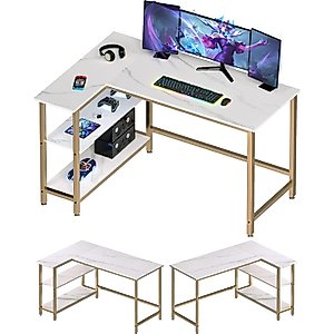 WOODYNLUX L Shaped Computer Desk - Home Office Desk with Shelf, Gaming Desk Corner Table for Work, Writing and Study, Space-Saving, White.