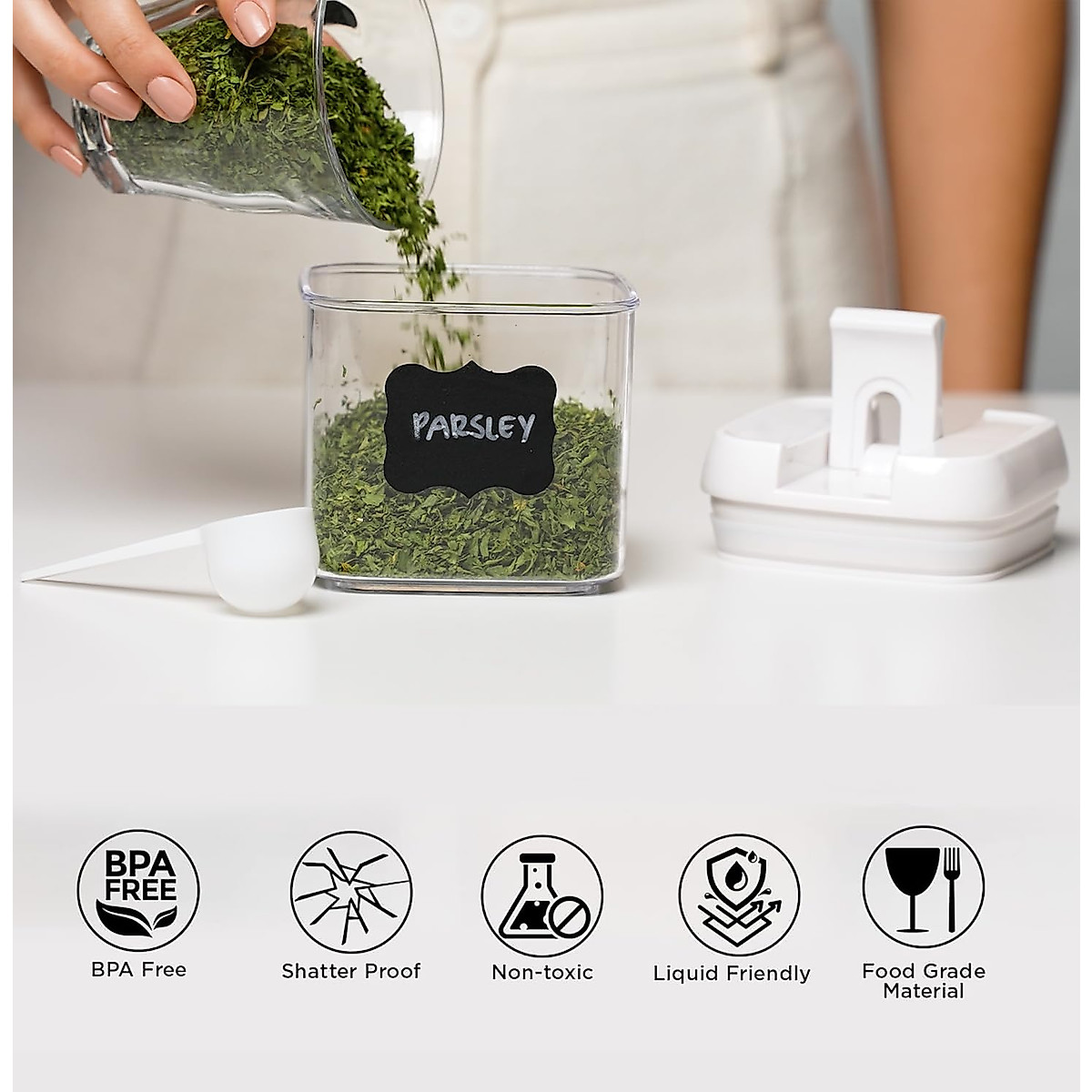 Shazo 6 PC Airtight Food Storage Containers + 6 Spoons - BPA Free Clear Plastic Snack & Spice Containers with Easy Lock Lids - Kitchen and Pantry Organization for Herbs, Coffee, Tea - 0.5L / 2.1 Cups