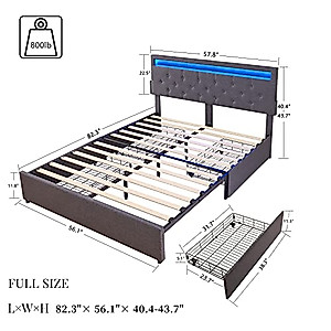 Alohappy Full Size Bed Frame with 4 Drawers, LED Bed Frame with 2 USB Ports and Adjustable Upholstered Headboard, Mattress Foundation with Wooden Slats Support, No Box Spring Needed, Dark Grey
