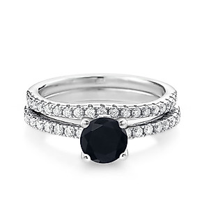 Gem Stone King 925 Sterling Silver Black Onyx and White Moissanite Wedding Engagement Band Bridal Set Ring For Women (1.29 Cttw, Gemstone December Birthstone, Available In Size 5, 6, 7, 8, 9)