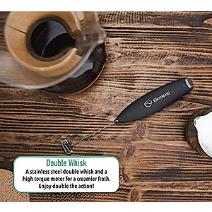 Elementi Milk Frother Wand with Double Whisk - Coffee Frother Electric Stirrer - Matcha Whisk & Drink Mixer Handheld - Hand Held Milk Frother & Electric Whisk for Coffee (Black)