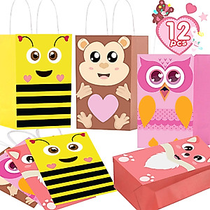 Funnlot Valentine Day Gift Bags For Kids 12PCS Cute Valentine Candy Bags Valentine Treat Bags Animals Valentine Paper Bags With Handles For Chocolate Snacks Valentine Party Favor Bags