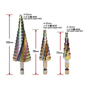 FEWELL M35 Titanium Step Drill Bits 3 Pieces,Spiral Flute Step Bit（4mm—12/20/32mm),Hex Shank Unibit for Metal, Wood, Stainless Steel, Plastic（29 Size）