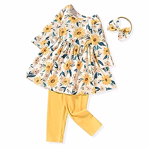 Aalizzwell 18-24 Months Little Toddler Girls Fall Clothes Floral Ruffle Tunic Pants Outfit Set Winter Clothing Yellow