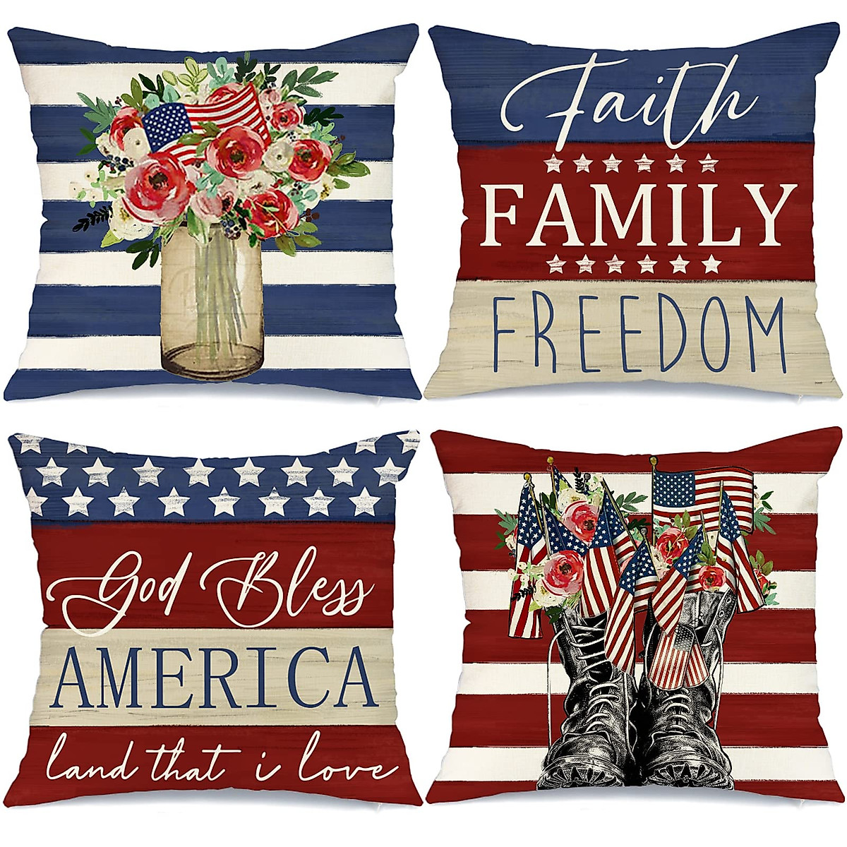 GEEORY 4th of July Decorations Pillow Covers 18 x 18 Set of 4 Star and Stripe Freedom Boot Floral Flag Throw Pillow Covers Patriotic Pillows Independence Memorial Day Decor Cushion Case G325-18