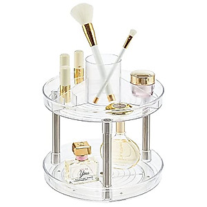 mDesign Spinning 2-Tier Lazy Susan Makeup Turntable Storage Center Tray - Rotating Organizer for Bathroom Vanity Counter Tops, Dressing Tables, Cosmetic Stations - Ligne Collection - 9" Round - Clear