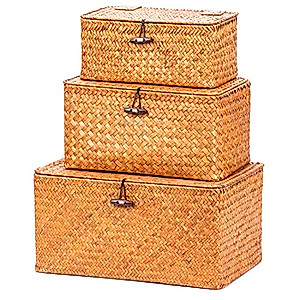 Komely set of 3 Seagrass Shelf Baskets with lids,Decorative Rectangular Storage Baskets with Lids, Handwoven Wicker storage Bins, Stackable Storage Boxes