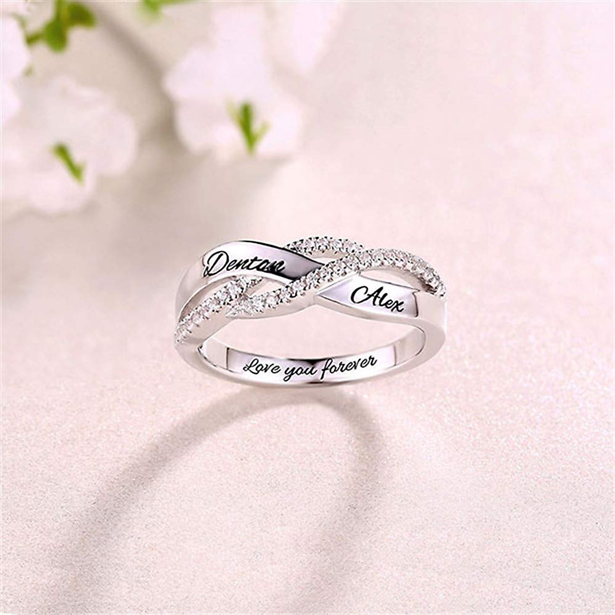 AILIN Personalized Twisted CZ Promise Rings with Name Engraved 925 Sterling Silver Wedding Bands Gift for Women Mother's Day Engagement Jewelry Square Heart Shape