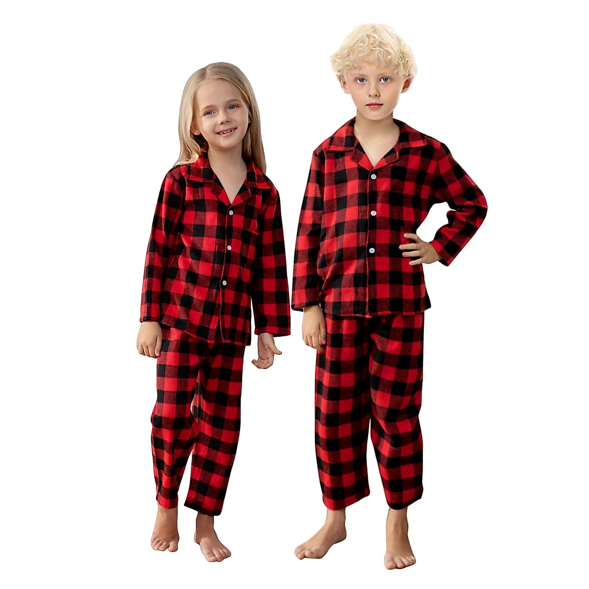 Family Plaid Pajamas Set, Baby Toddler Little Boy's Girl's 2-Piece Button Down Sleepwear Pjs, Black Red, 9-10 Years=Tag 150