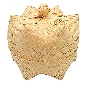 Bamboo Sticky Rice Serving Basket 4.5 x 3.5 Inch, Kratip, Intricately Woven Container, Hexagon-Shaped Weave Pattern, Thailand Handmade, Natural Color (Original Natural Bamboo Color)